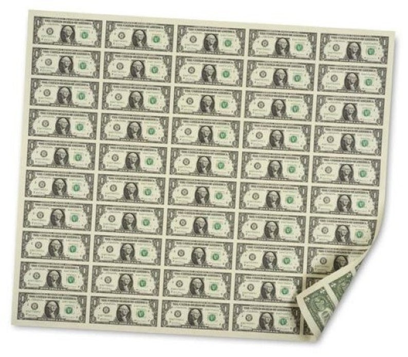 50 NOTE Sheet of One Dollar Full Uncut Sheet of Fifty One Dollar Notes ...