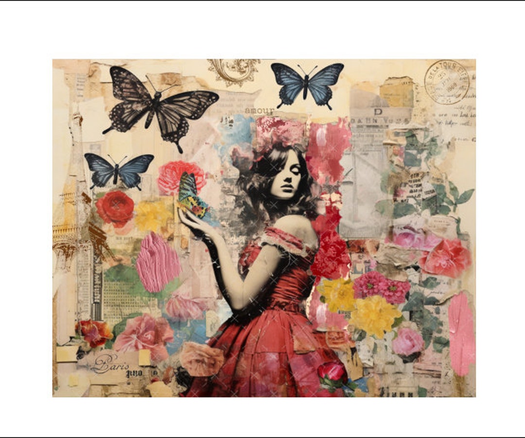 DIGITAL ART, French Collage Art, Mockingbird Florals, French Digital ...