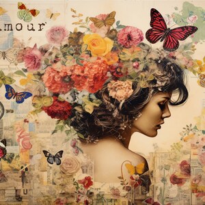 DIGITAL ART, French Collage Art, Mockingbird Florals, French Digital ...