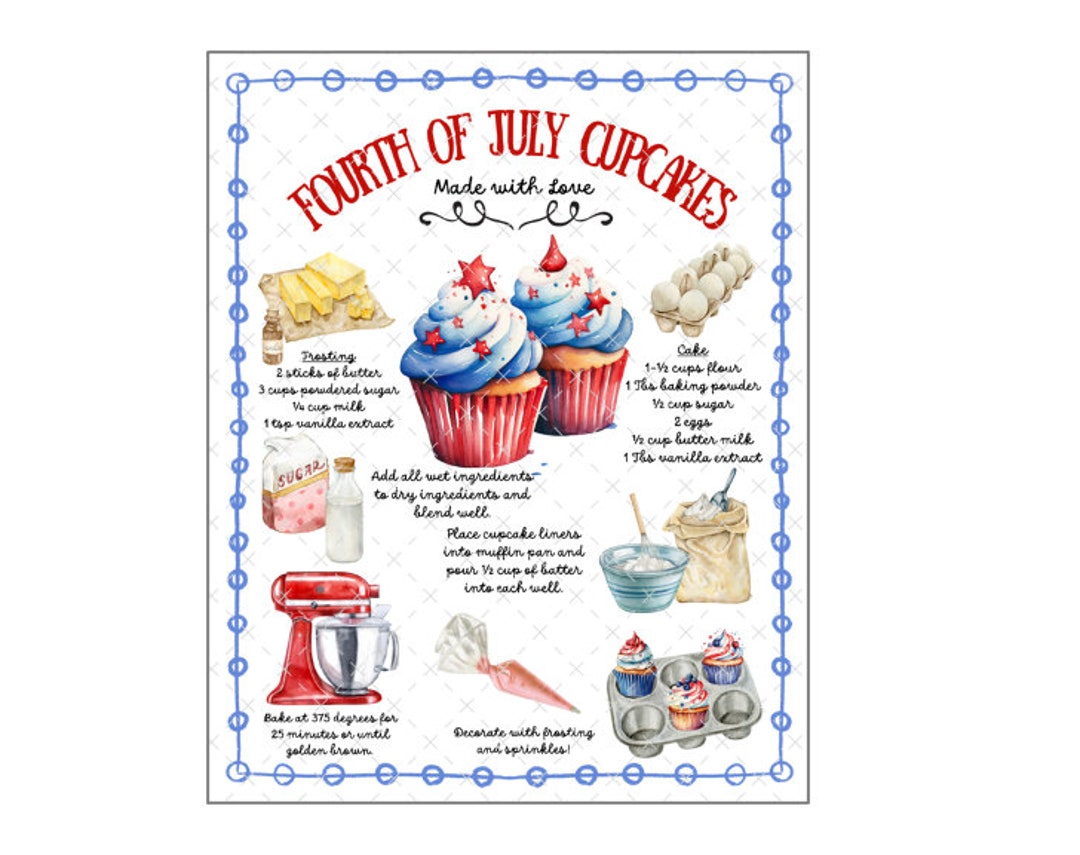 DIGITAL ART, 4th of July Cupcake Recipe Download, July 4th Cupcake ...