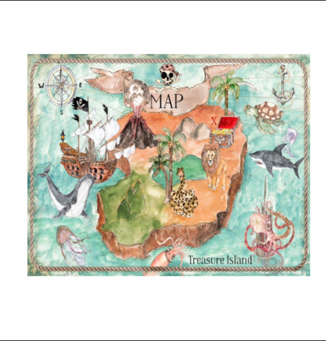 DIGITAL ART, 14 X 11 Treasure Island Map, Digital Pirate's Map ...