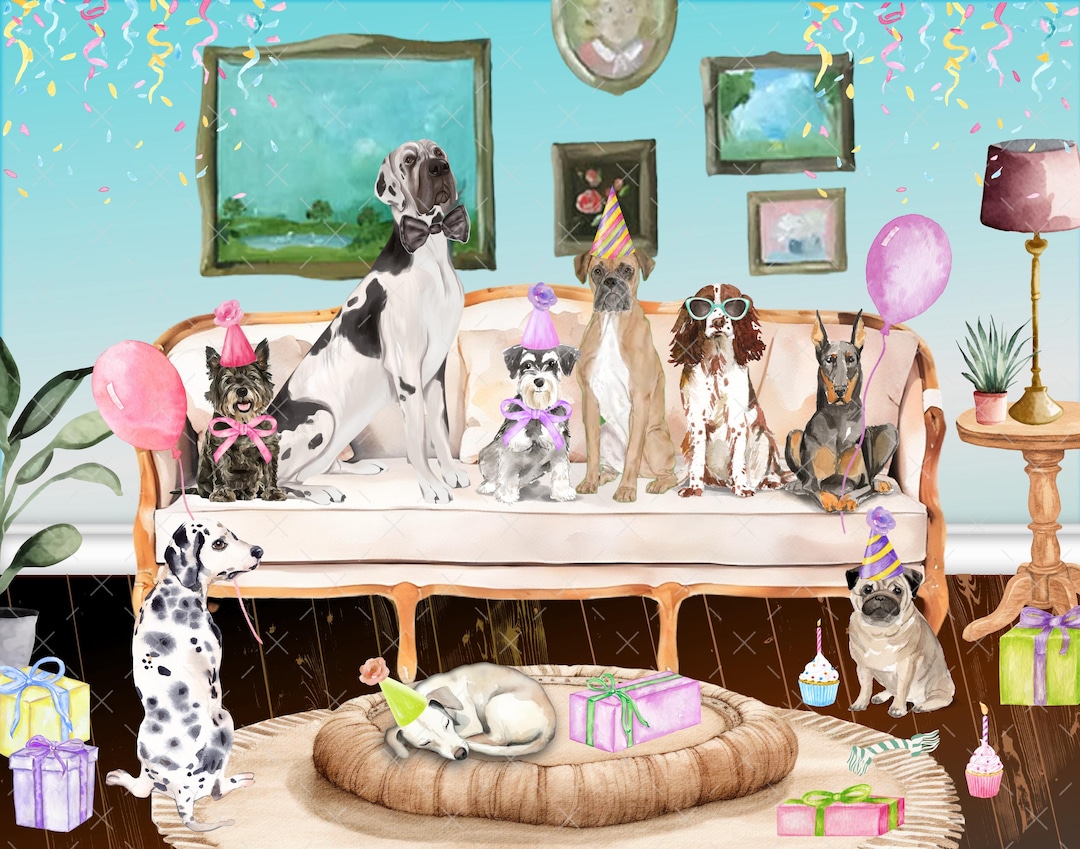 DIGITAL PRINT, Dog Birthday Party, Whimsical Art, Watercolor Animal ...