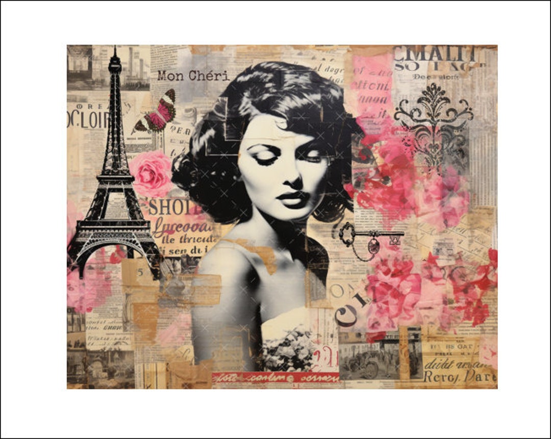 DIGITAL ART, French Collage Art, Mockingbird Florals, French Digital ...