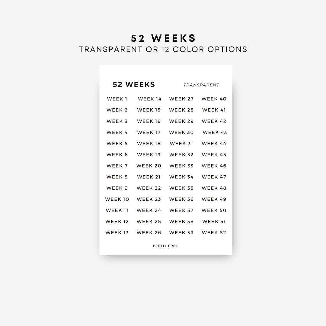 52 Weeks Stickers | Transparent | Functional Planner Stickers | Minimal ...