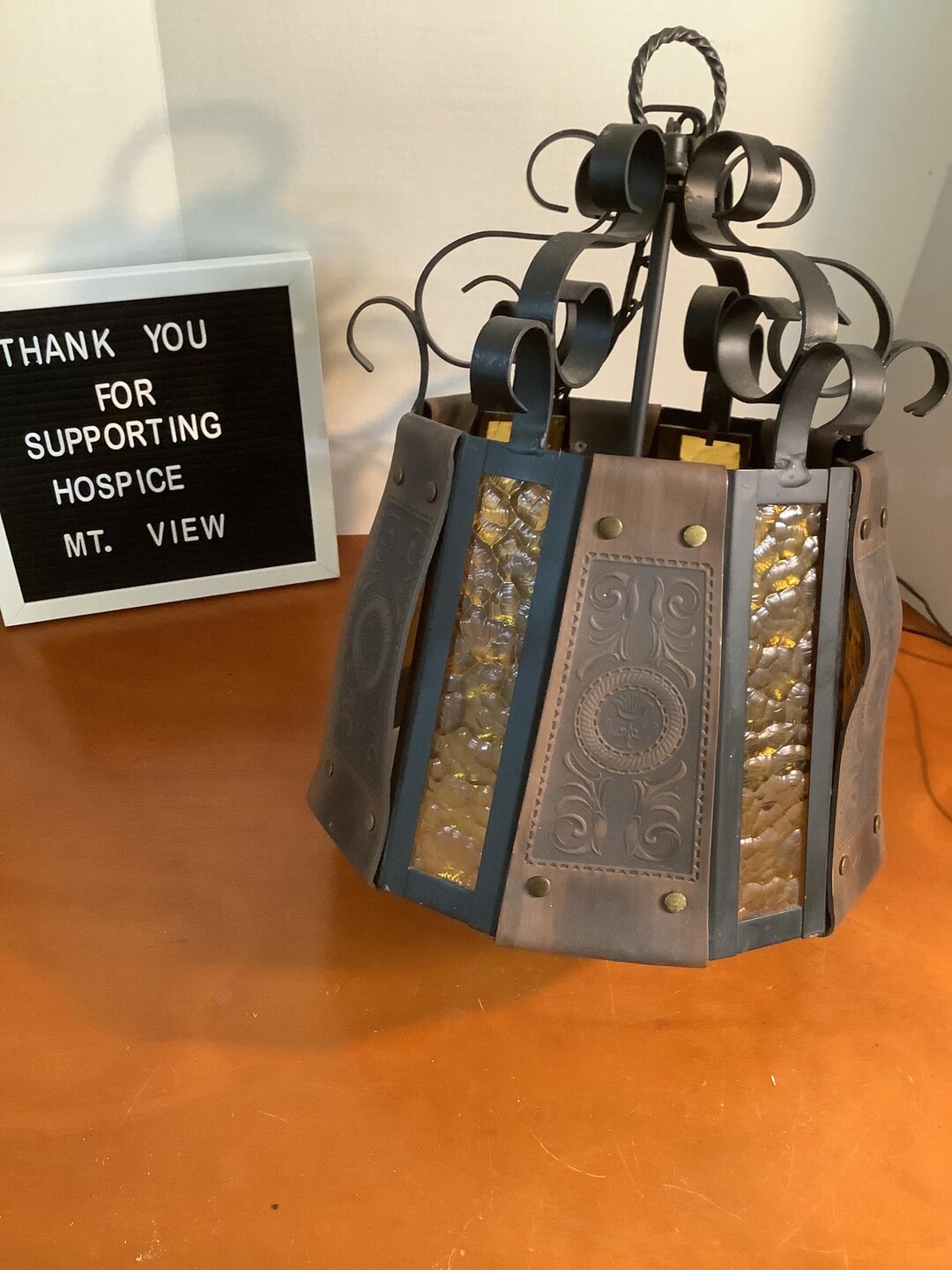 Vintage MCM Spanish Revival Swag Light, Amber Glass & Wrought Iron With ...