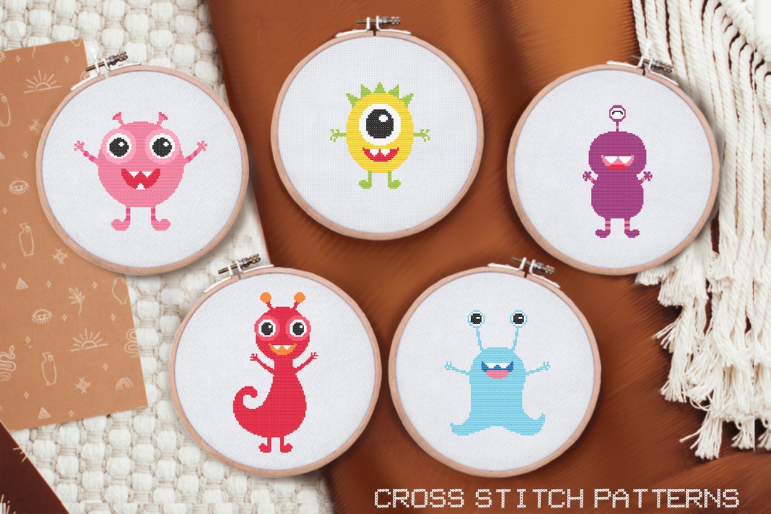 Set of 5 Monsters Cross Stitch Templates in PDF Format Cross - Etsy