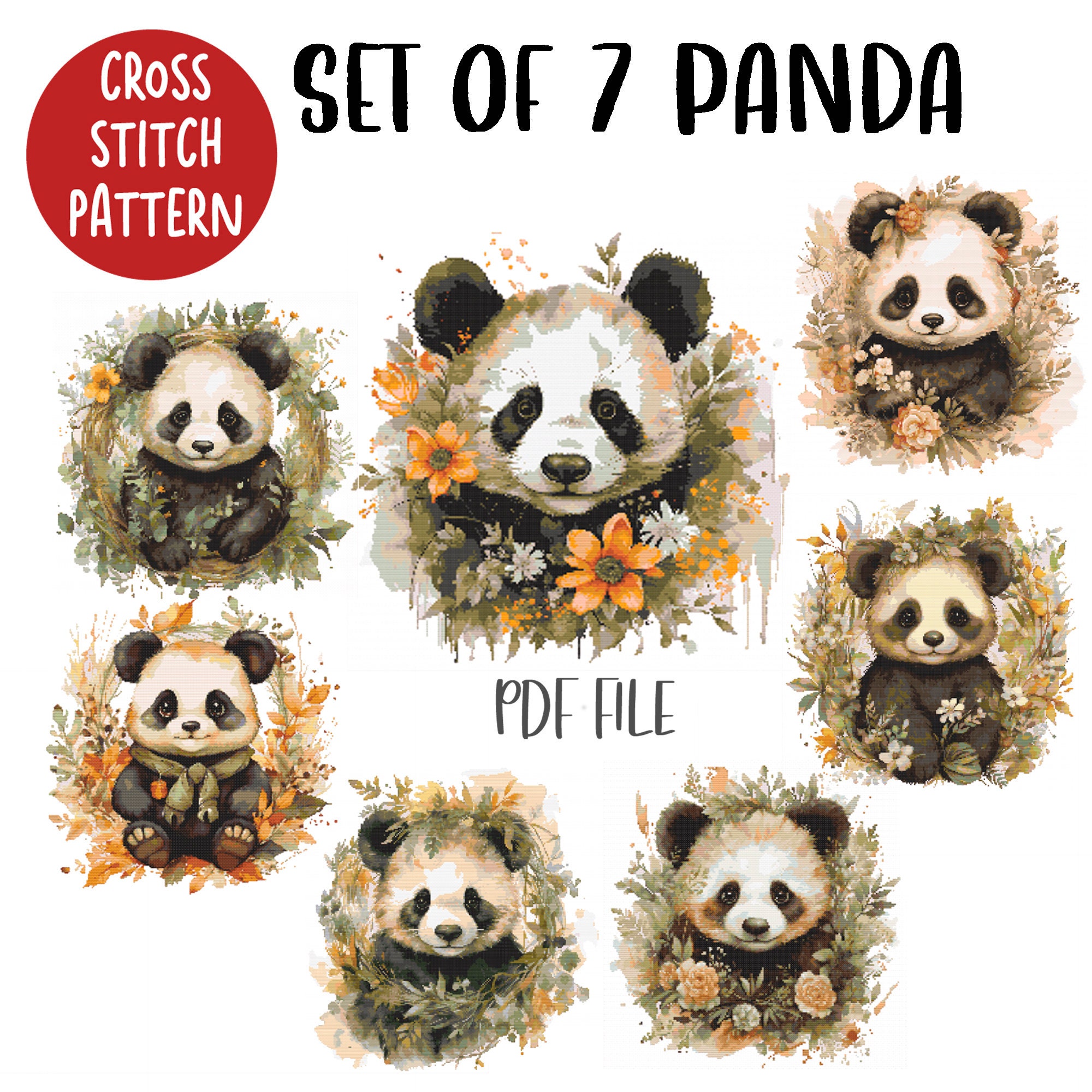 Set of 7 Pandas, Cute Panda Cross Stitch, Large Cross Stitch, Full ...