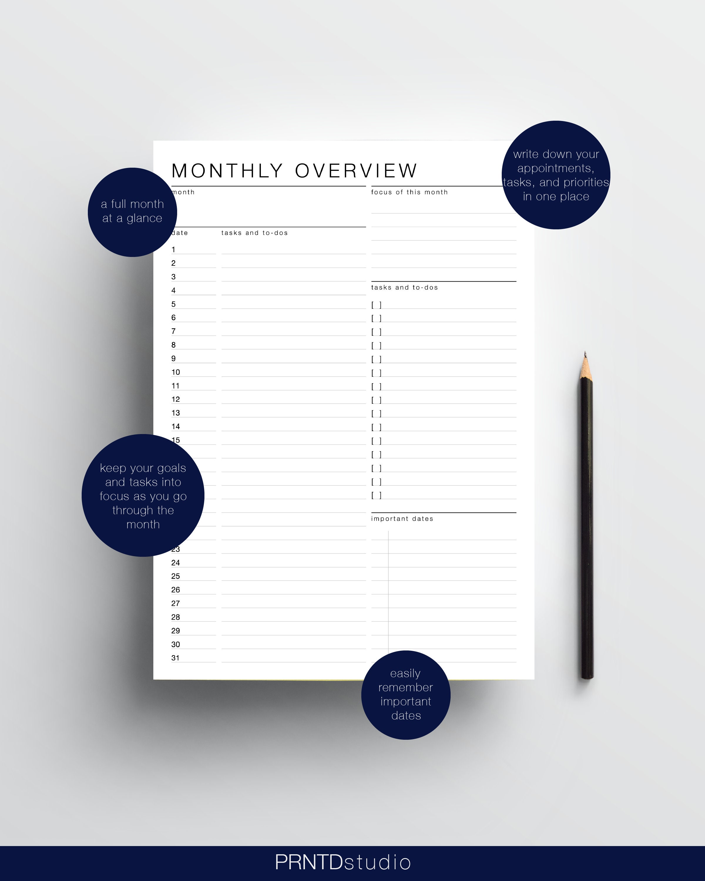 MONTHLY OVERVIEW Template: Minimalist Monthly Planner - Etsy