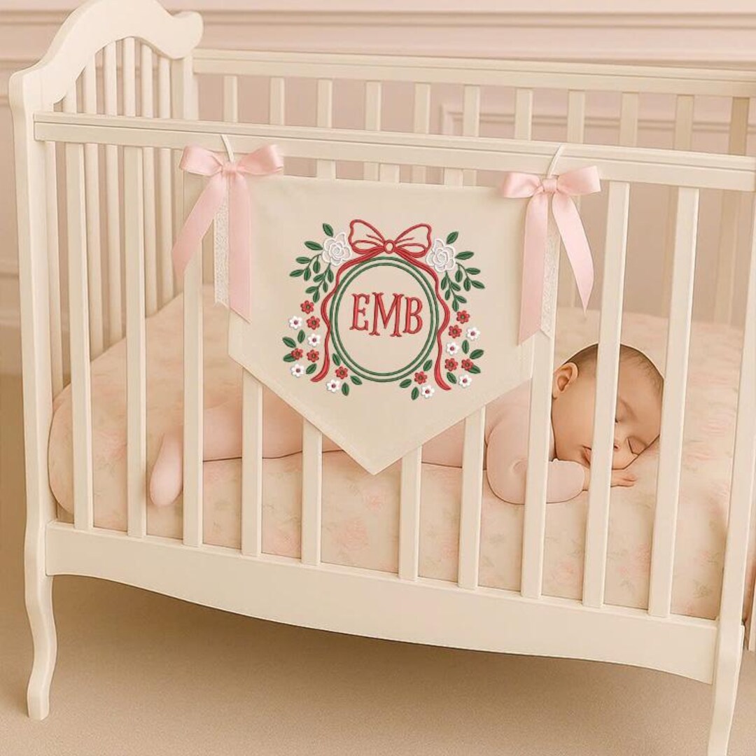 Bow Floral Crest Frame Embroidery Design, Monogram Wreath for Baby ...