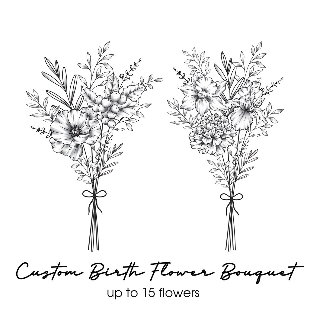 Custom Birth Flower Bouquet, Family Birth Month Tattoo Design, up to 15 ...