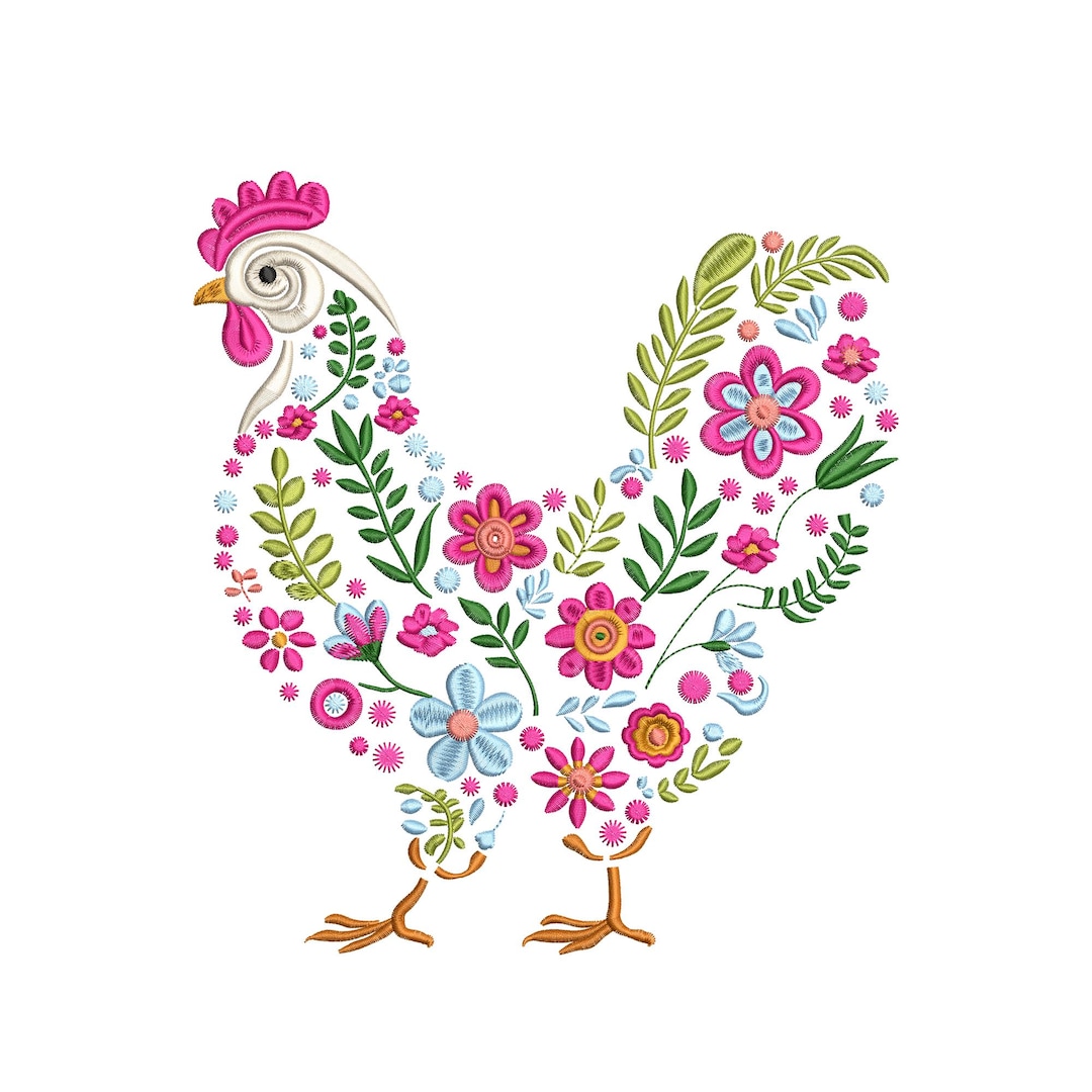 Floral Chicken Embroidery Design, Funny Crazy Chicken Embroidery Design ...