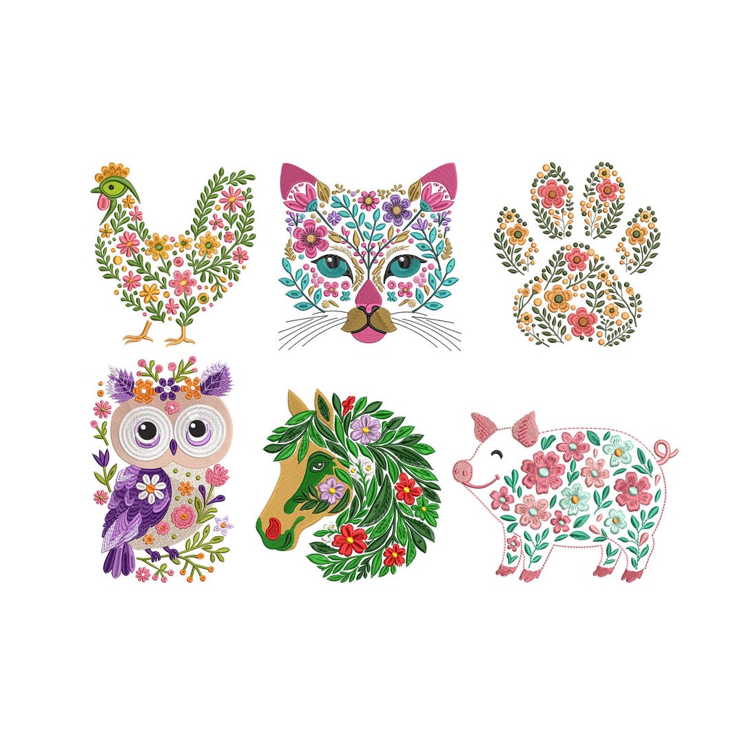 6 Floral Animal Embroidery Bundle of 6, Machine Embroidery Designs ...