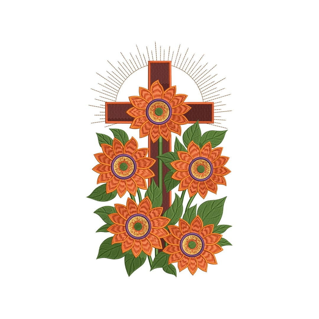 Sunflower Embroidery Floral Cross Embroidery Design Christian Floral ...