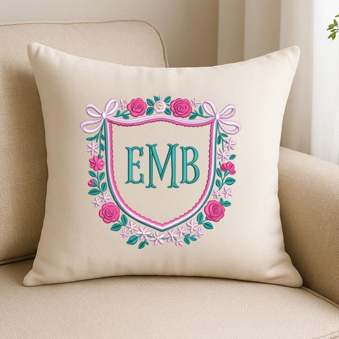 Preppy Crest Grandmillennial Embroidery Design, Coquette Bow Monogram ...