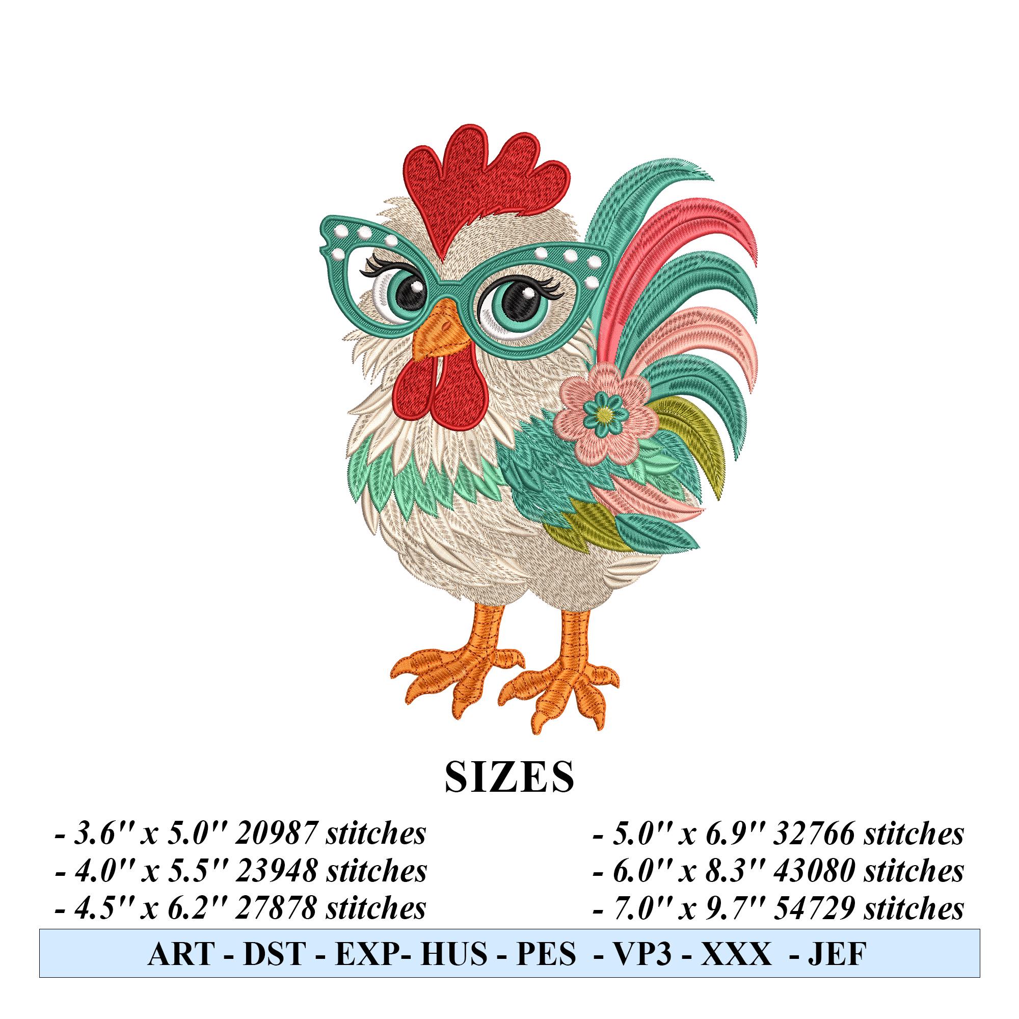 Funny Chicken Embroidery Design With Glasses, Farm Animal Machine ...