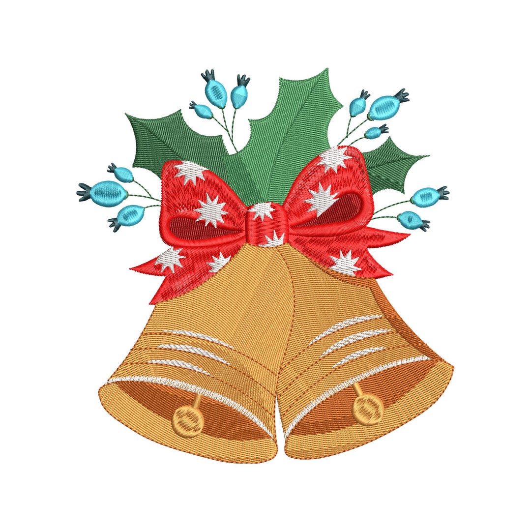 Christmas Bell With Holly and Bow Embroidery, Christmas Bell Embroidery ...