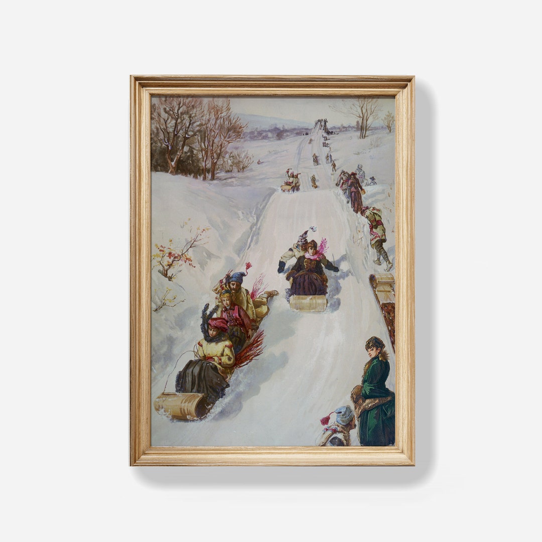 Vintage Christmas Wall Art, Hitting the Slopes, Winter Snowy Landscape ...