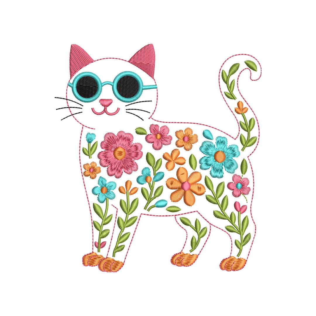 Floral Cat Embroidery Design, Summer Cat Machine Embroidery File, Cute ...