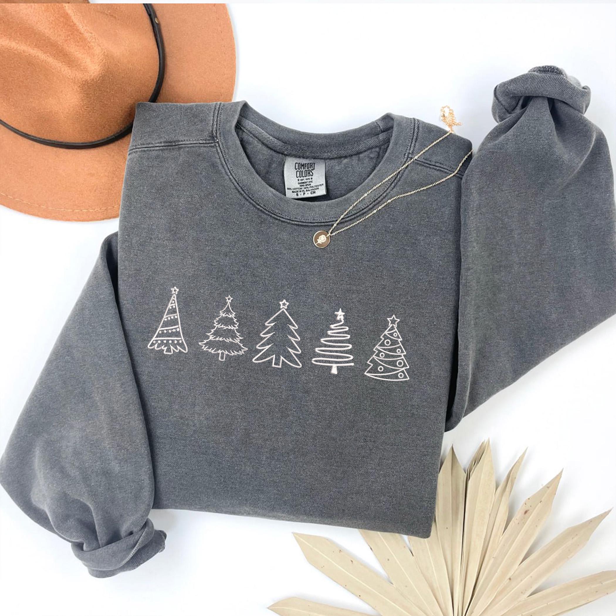Christmas Sweatshirt Embroidered Xmas Tree Comfort Colors Long Sleeve ...