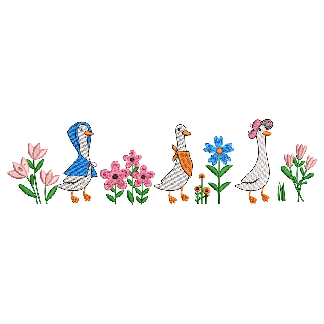 Cute Goose Embroidery File, Cute Geese and Wildflower Embroidery Design ...