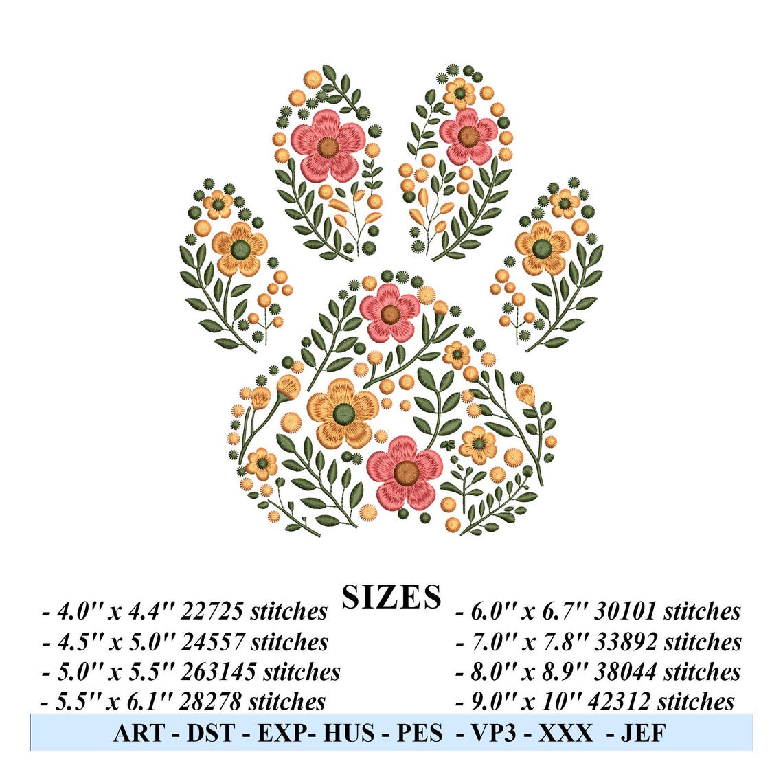 Floral Paw Print Machine Embroidery Design, Dog Paw Embroidery Design ...