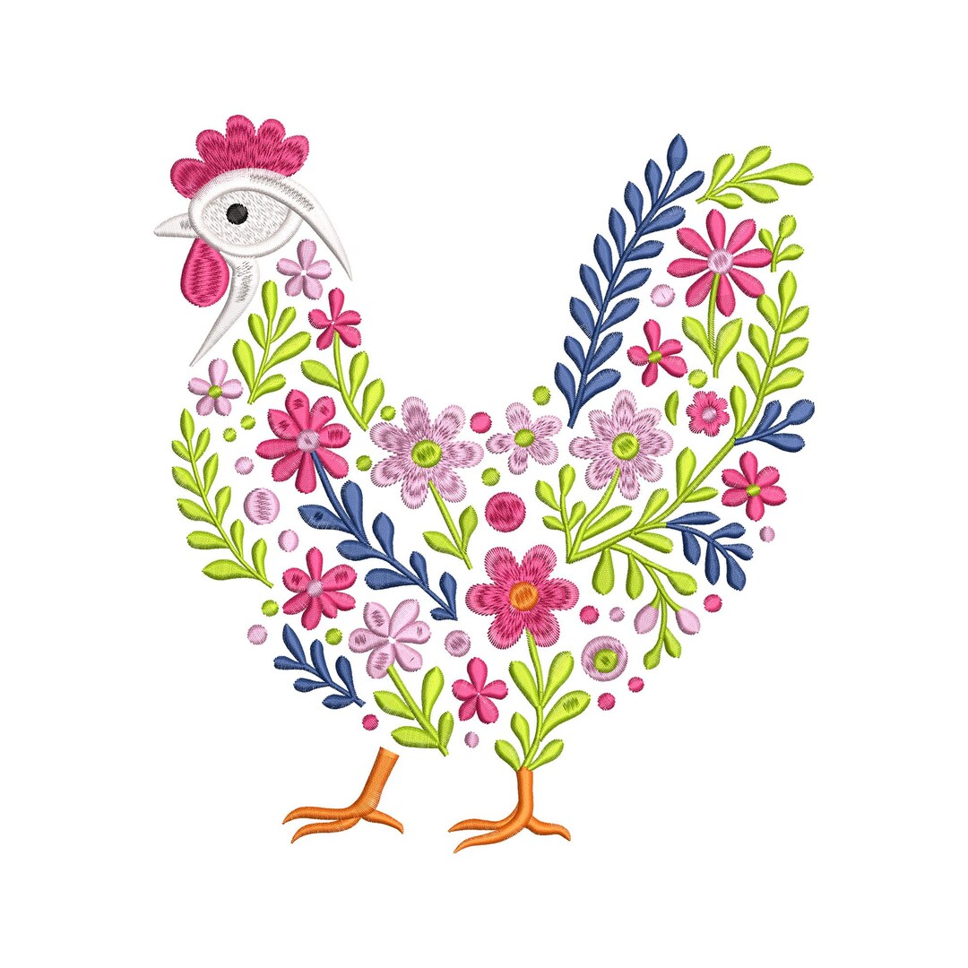 Floral Chicken Embroidery Design, Funny Crazy Chicken Embroidery Design ...