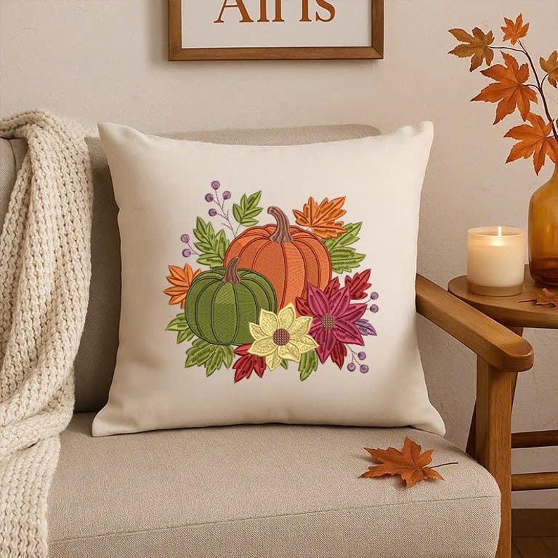 Fall Pumpkin Embroidery Design, Autumn Floral Harvest Stitch ...