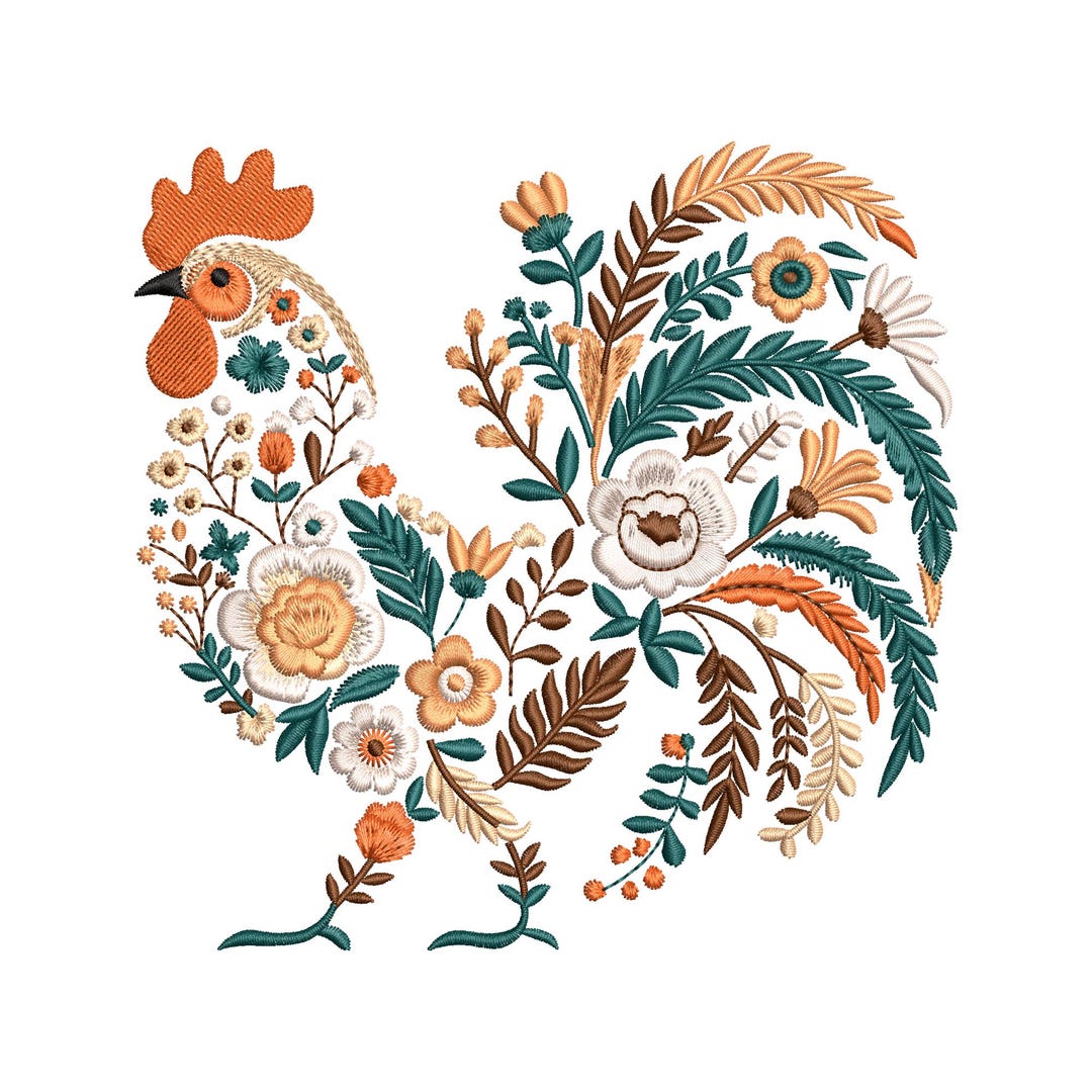 Funny Chicken Embroidery File, Floral Rooster Embroidery Design ...