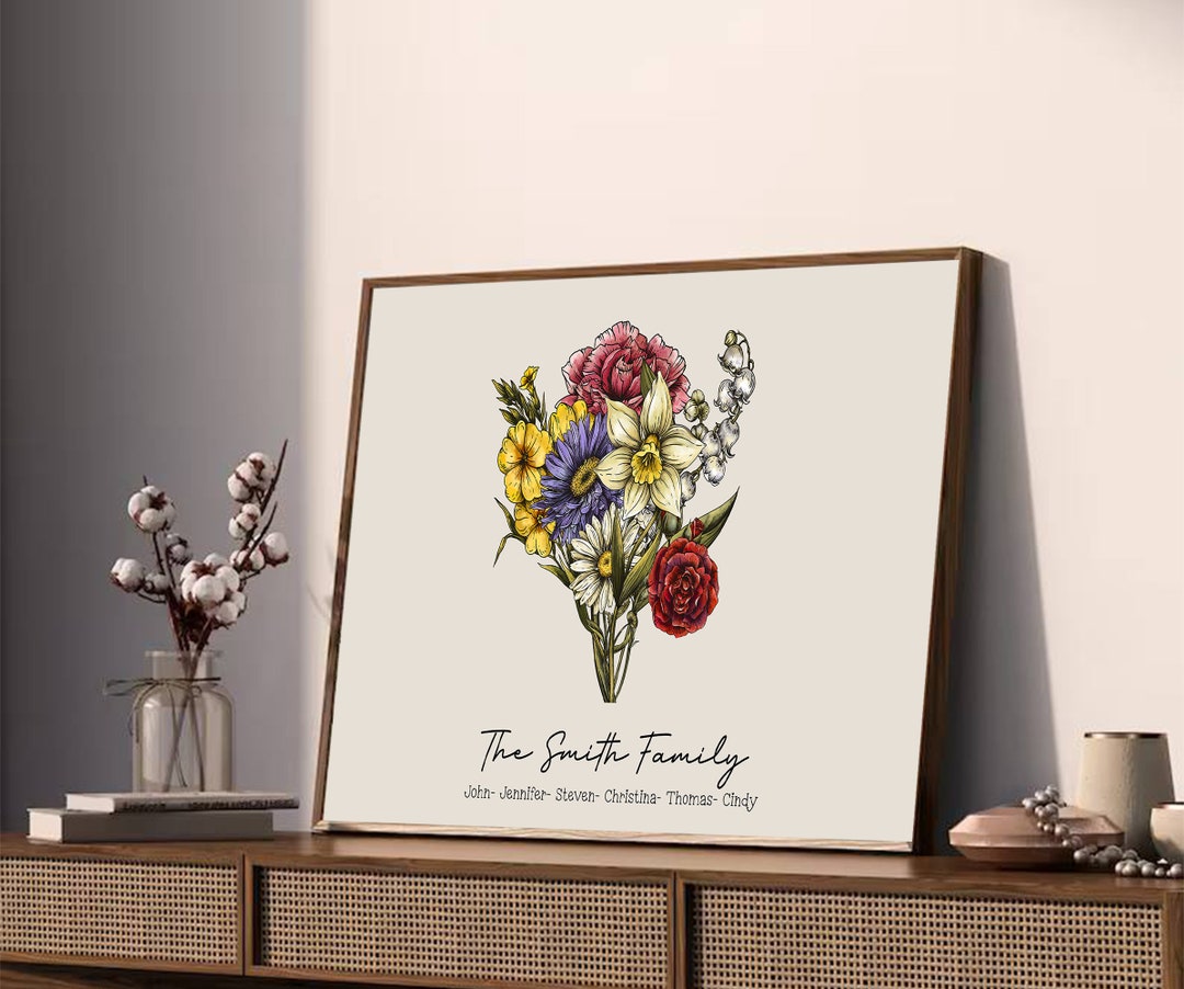 Flower Art Custom Family Flower Bouquet, Birth Month Flower Art ...