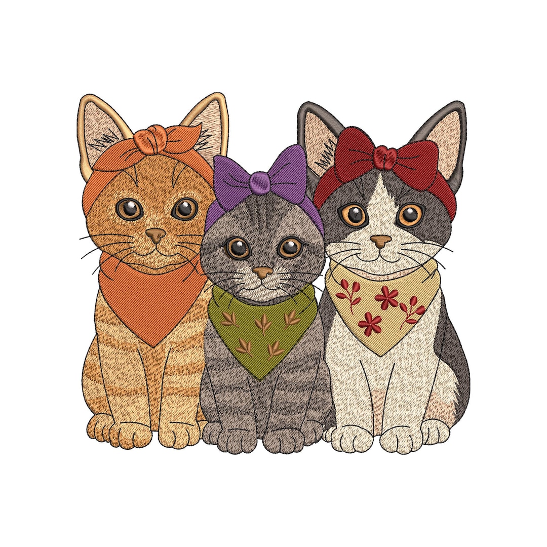 Cute Cat Trio Embroidery Design, Autumn Cats With Bandana and Bow ...