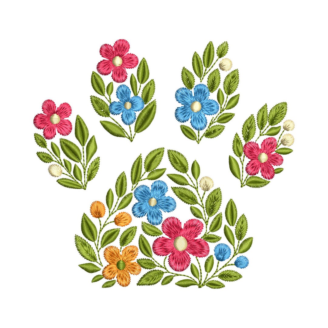 Floral Paw Print Machine Embroidery Design, Dog Paw Embroidery Design ...