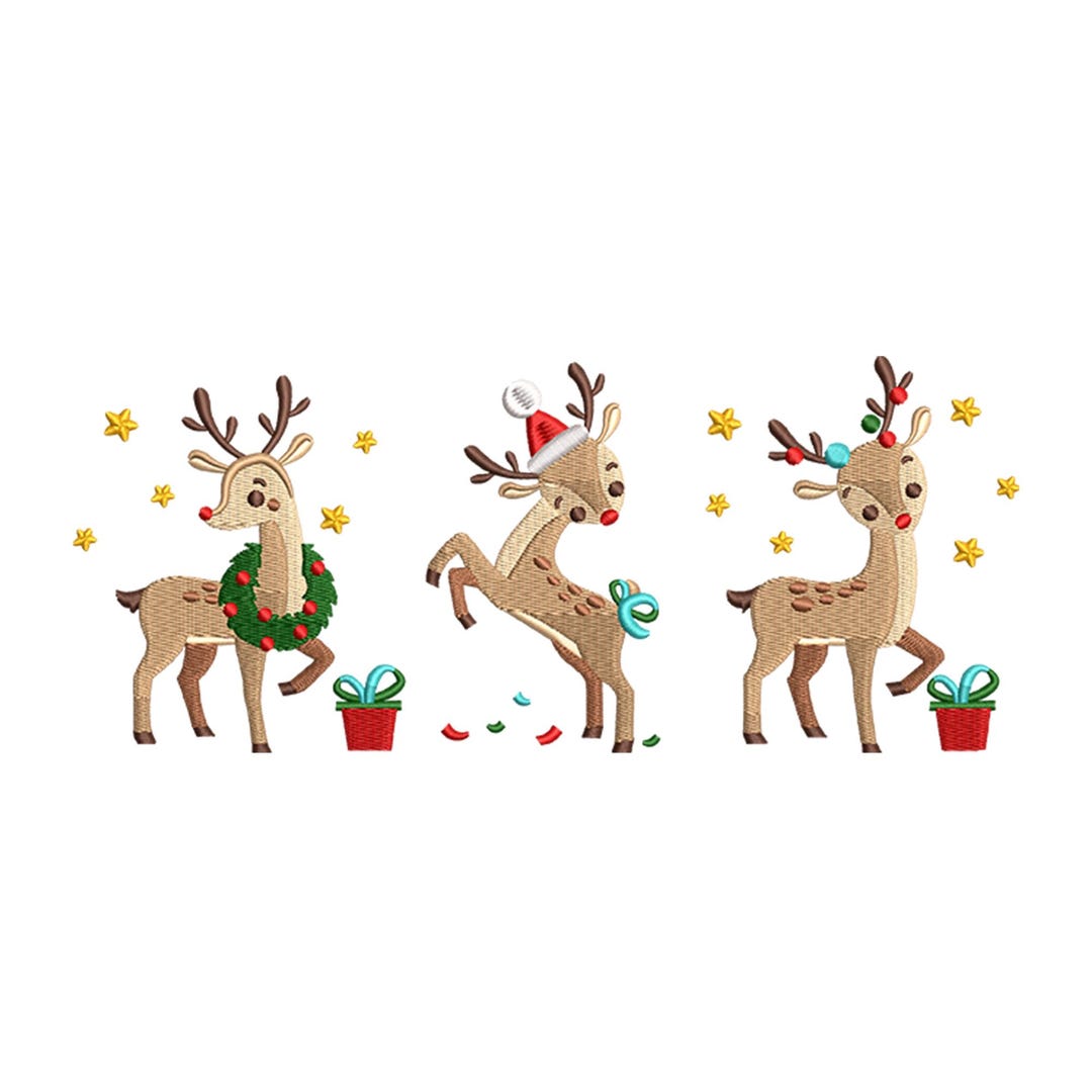 Christmas Reindeer Embroidery Design – Cute Reindeer With Gift, Santa ...