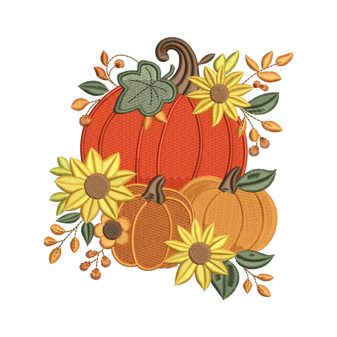 Fall Pumpkin Embroidery Design With Sunflowers, Autumn Harvest Machine ...