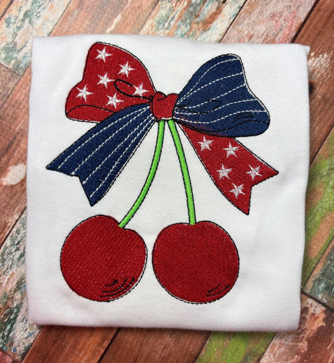 Cherry Bow Embroidery Design, Patriotic 4th of July Machine Embroidery ...