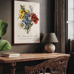 Birth Flower Family Bouquet, Birth Month Flower Art Custom, Hand Drawn ...