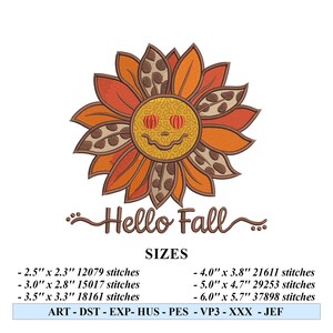 Hello Fall Embroidery Design, Cute Sunflower Face Autumn Stitch ...