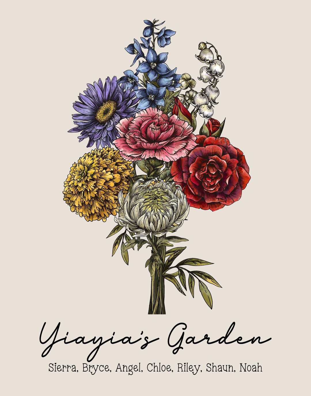 Birth Flower Family Bouquet, Birth Month Flower Art Custom, Hand Drawn ...