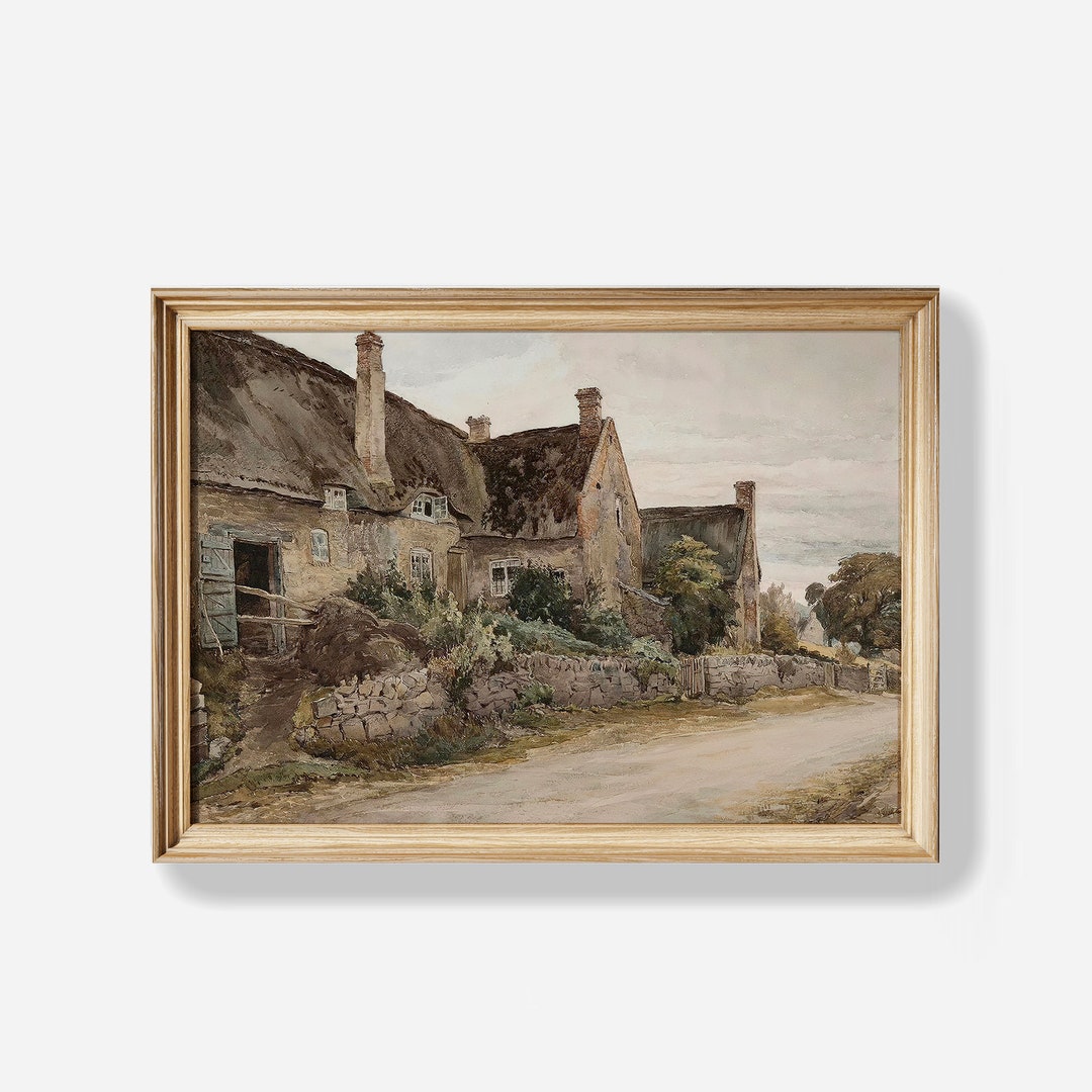 Rustic Farmhouse Wall Decor, Antique Cottage Watercolor Painting, Large ...