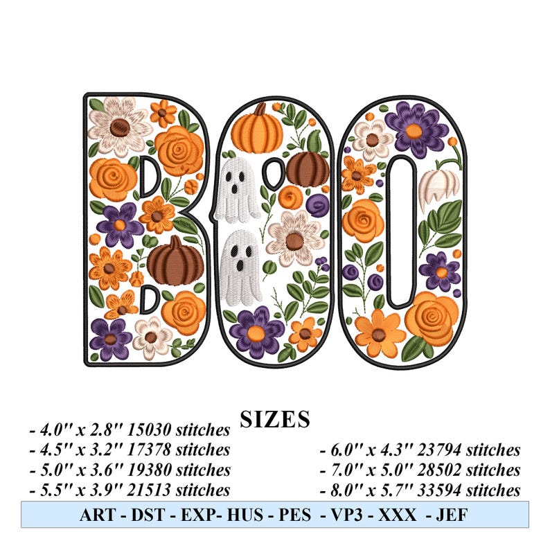 BOO Floral Halloween Embroidery Design, Pumpkin Ghost Letter Art for ...
