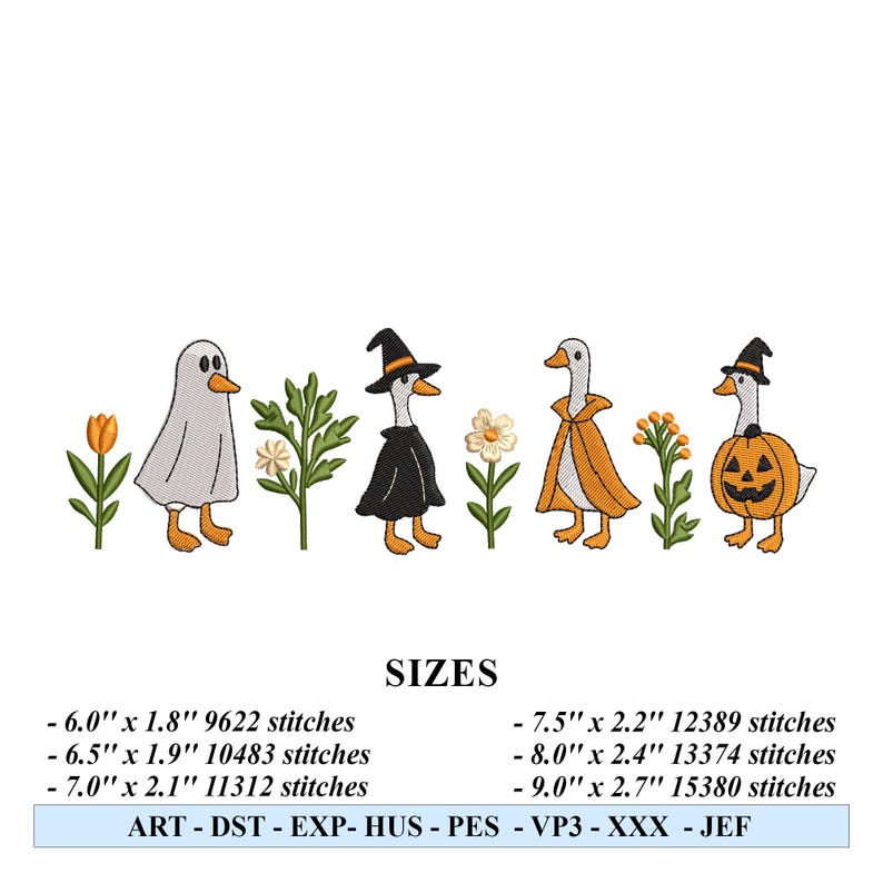 Halloween Goose Embroidery Design, Cute Witch Ghost Pumpkin Goose ...
