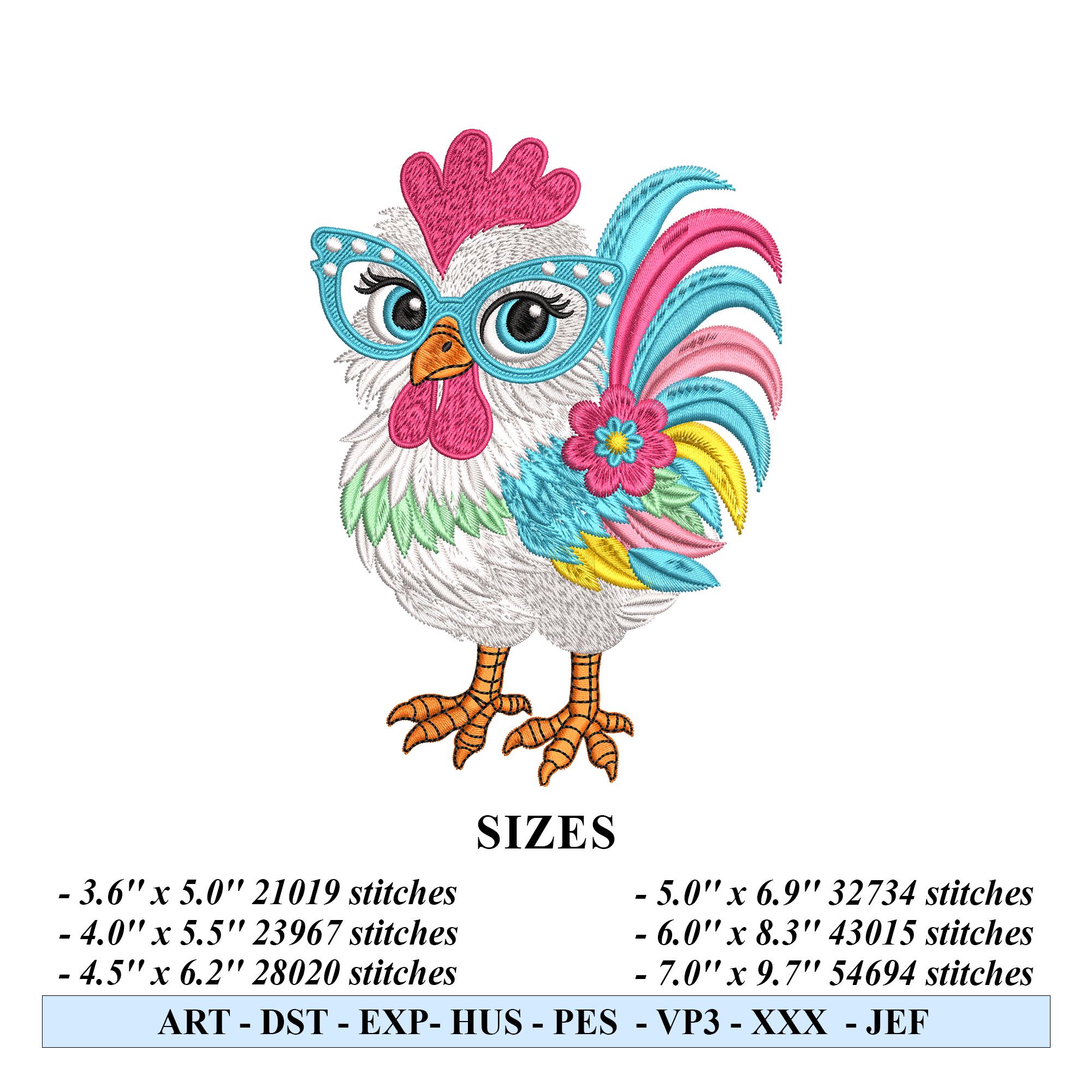 Funny Chicken Embroidery Design With Glasses, Farm Animal Machine ...