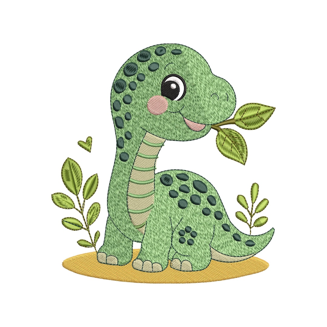 Cute Dinosaur Embroidery Design, Baby Dino With Leaf, Jungle Animal ...