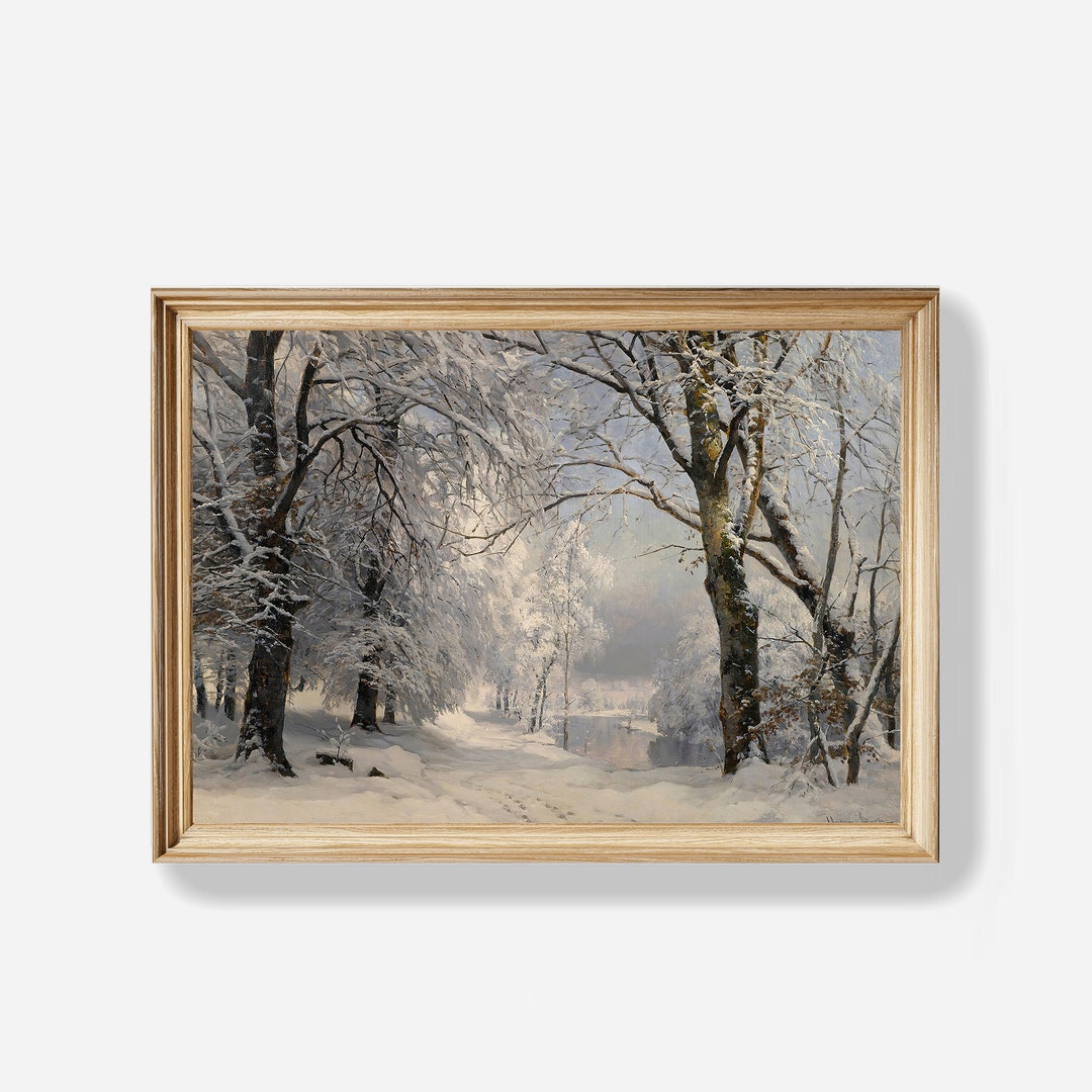 Muted Winter Landscape Painting, Vintage Christmas Art Print , Neutral ...