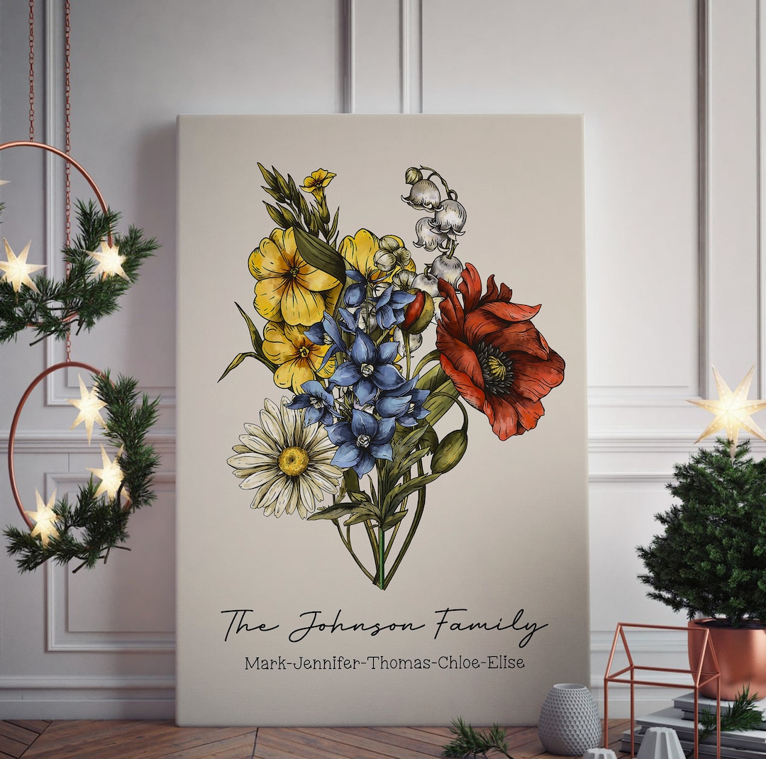 Birth Flower Family Bouquet, Birth Month Flower Art Custom, Hand Drawn ...