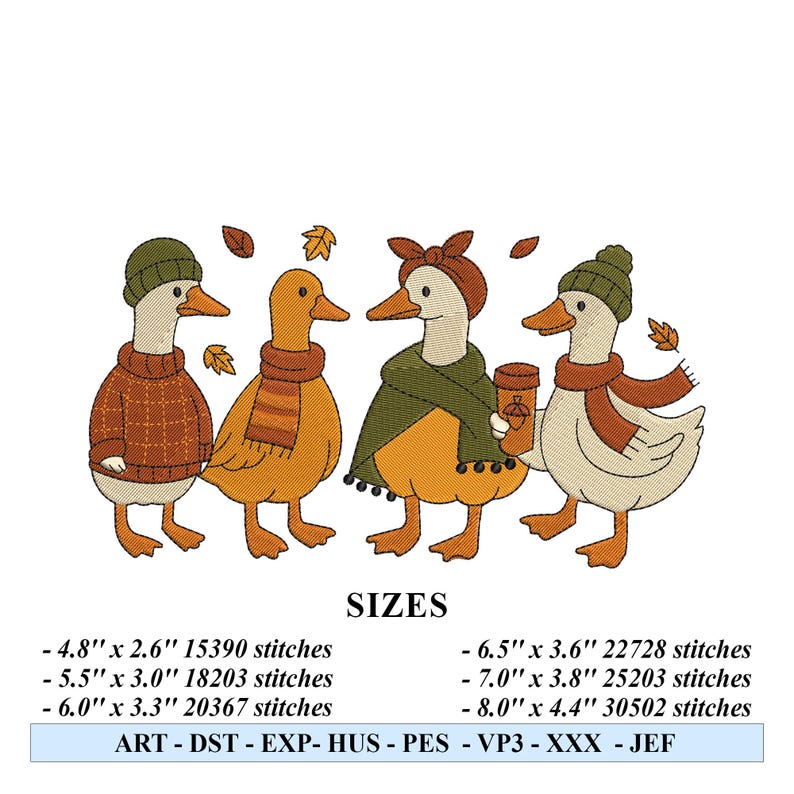 Fall Goose Embroidery Design, Cute Geese in Scarves and Sweaters ...