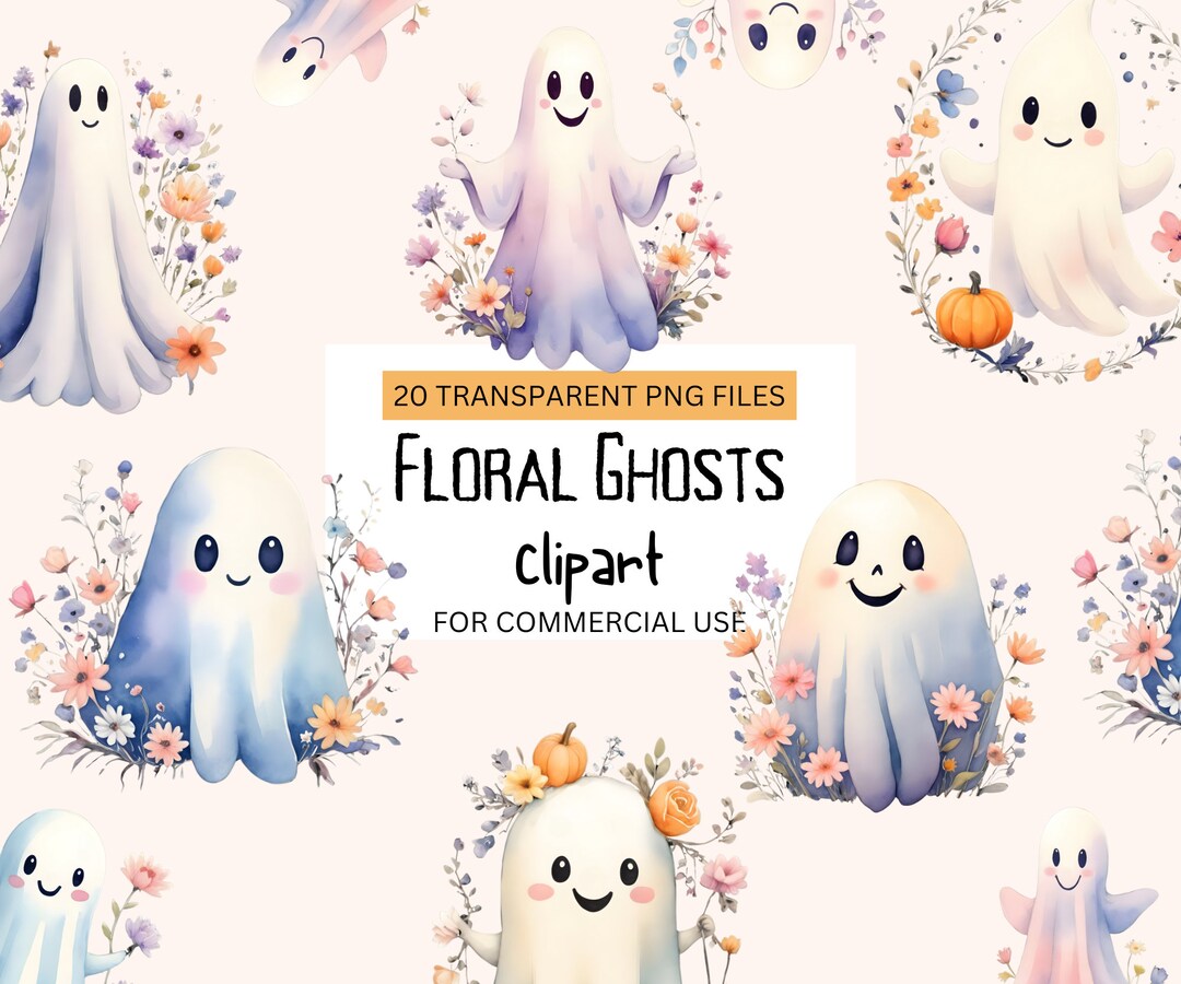 Cute Floral Ghost Clipart PNG, Spooky Vibes PNG, Boho Watercolor Ghost ...