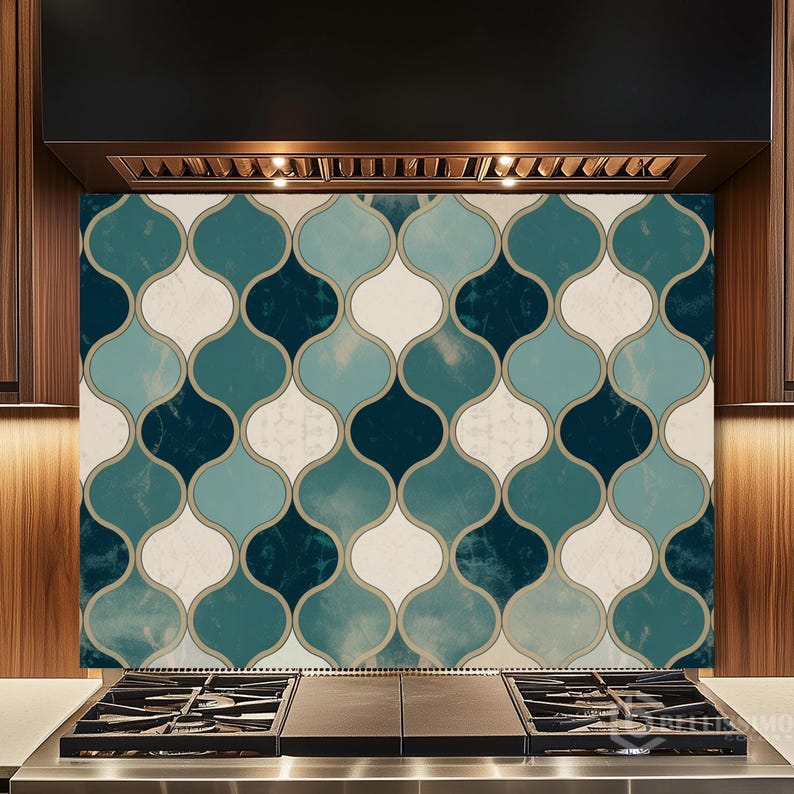 Elegant Teal Mosaic Glass Backsplash – Retro Patterned Kitchen Wall Art ...
