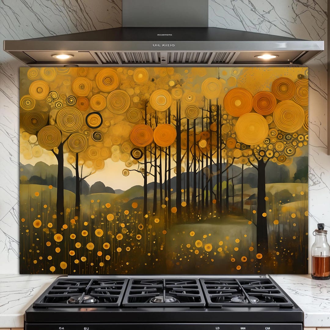 Golden Grove Glass Kitchen Backsplash: Abstract Forest Tempered Glass ...