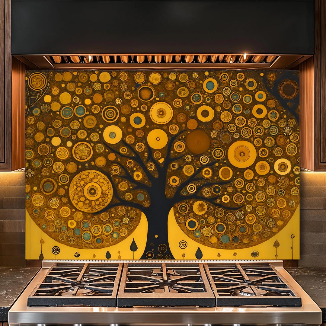 Golden Tapestry Glass Kitchen Backsplash: Tempered Glass Decor - Etsy