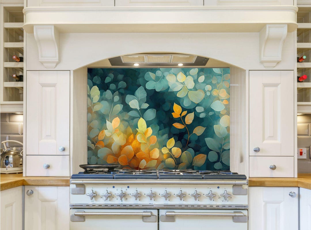 Abstract Colorful Leaves Glass Kitchen Backsplash - Tempered Glass ...